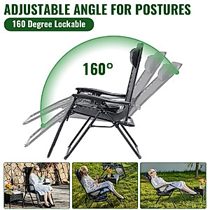 NEWBULIG Set of 2 Zero Cravity Lounge Chairs,Ergonomic Adjustable Lying Angle Sturdy Steel& Mesh Support,Outdoor Patio Folding Recliners for Pool Beach with Pillow and Cup Holder, Black