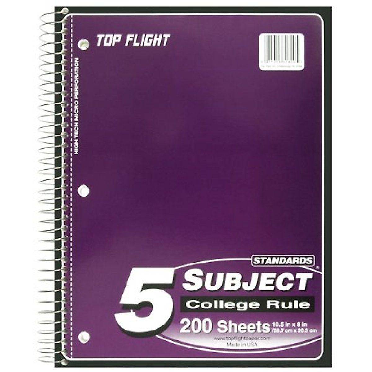 Top Flight Standards 5-Subject Wirebound Notebook, 200 Sheets, 3-Hole Punched, College Rule, 10.5 x 8 Inches, 1 Notebook, Color May Vary (31820)