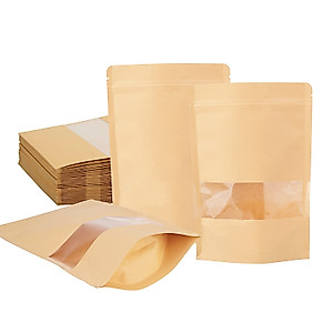 50 Pcs Stand Up Kraft Paper Bags with Window, Resealable Zip Lock Food Storage pouch,dog treat bags,Bakery Bags coffee bags candy bags sealable small business 5.5 x7.9 Inch, (Medium 5.5 * 7.9 Inch)