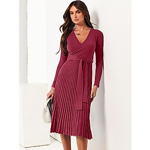 ANRABESS Women's 2024 Long Sleeve Sweater Dress Wrap V Neck Pleated Ribbed Knit A Line Belted Tie Waist Midi Dress Wine Red Medium