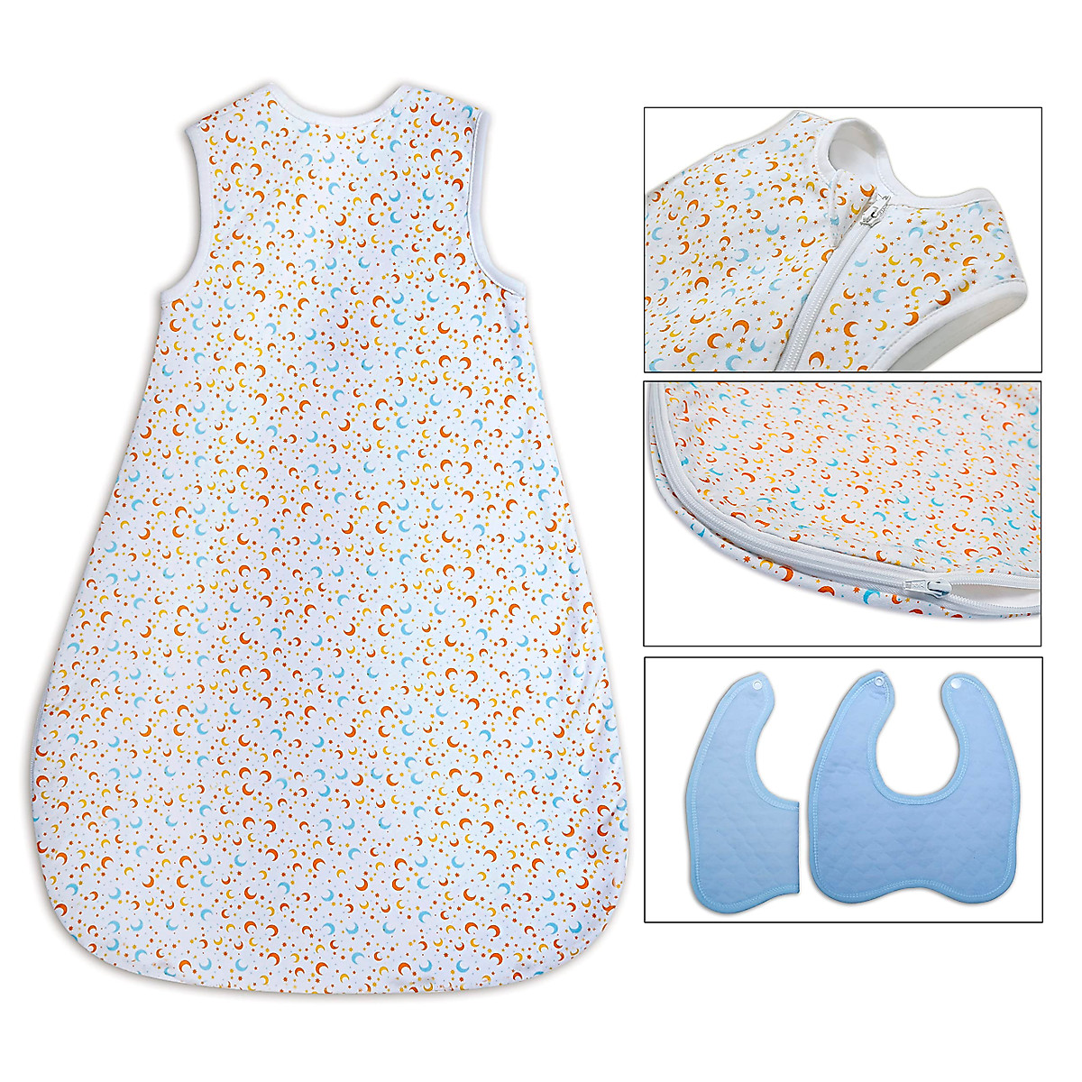 Baby Sleep Sack and Baby Bibs with 100% Cotton Material Toddler Sleeping Sack, Cute and Comfortable Baby Swaddle Sack has Adjustable Length for Infants and Toddlers (White, 6-15 Months)