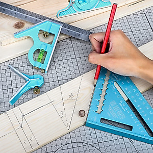 SHALL Rafter Square & Combination Square Tool Set, 7 Inch Aluminium-Alloy Carpenter Square & 16 Inch Zinc-Alloy Woodworking Framing Square Combo w/Stainless Steel Ruler, 2 Carpentry Pencils, Scriber