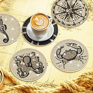 8 PCS Vintage Nautical Diamond Art Coasters Kits with Holder DIY Crab Starfish Compass Diamond Art Coaster Non Slip Coaster for Adults Diamond for Xmas Present