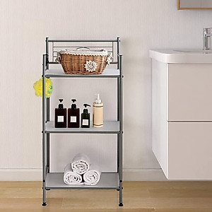 MallBoo 3-Tier Metal Freestanding Storage Shelf,Standing Bathroom Shelves with 3 x PP Shelf Liners and 4 x Hooks for Laundry Kitchen Office (Grey)