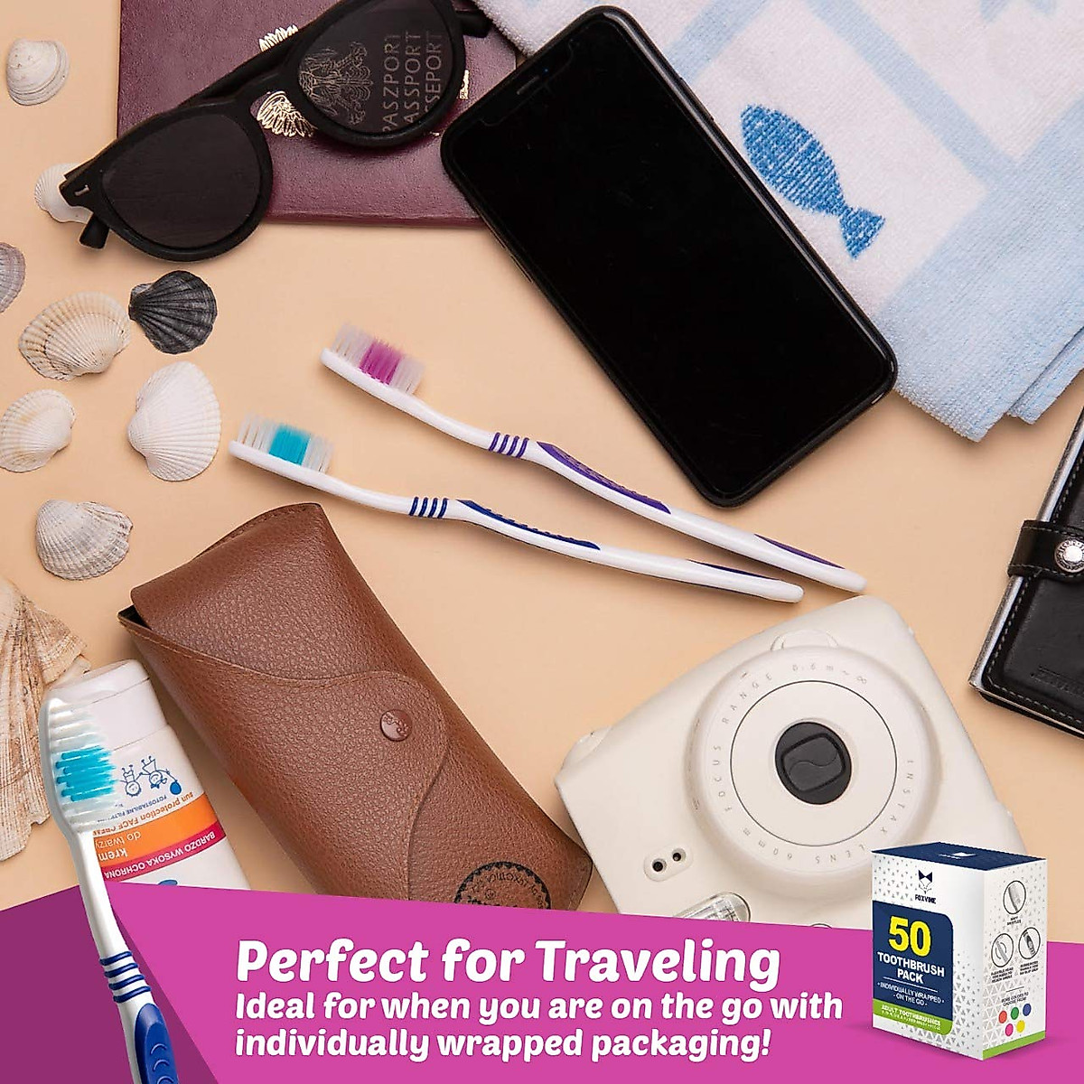 EcoFox Bulk Toothbrushes 50 Pack | Individually Wrapped Travel Toothbrush Set for Adults & Kids | Made with a Medium-Soft Large Brush Head | BPA-Free & Disposable!