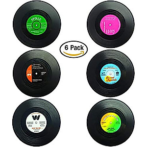 Set of 6 Cute Retro Vinyl Coasters - Funny Record Decoration Disk Furniture - Creative Drinks Equipment Music Ideas for Bar, Home, Restaurant, Apartment, Room - Mini Decor Drink Cup Stuff Holder Tool