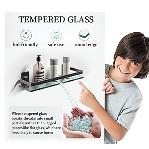 KATASKI 2 Pack Bathroom Glass Shelf ，Aluminum Tempered Glass 0.34in Extra Thick 1 Tier Storage Organizer Wall Mount,Black 15.7in