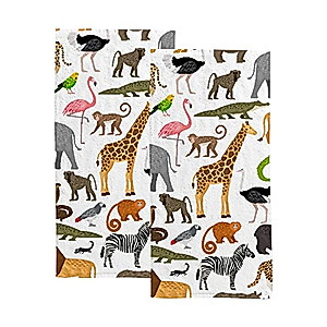 Hand Towel 2 Pack African Animal Birds Giraffe Monkey Tropical Fingertip Towel Face Towel Kitchen Tea Bar Dish Cloths Absorbent Dry Shower Towel