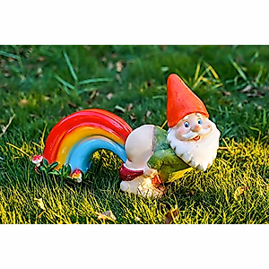 UDDDSR Garden Gnome Statue, Funny Gnome Figurine with Rainbow Solar LED Lights for Garden Patio Yard Art Decoration, Outdoor Lawn Ornaments, Housewarming Funny Garden Gifts - 14"