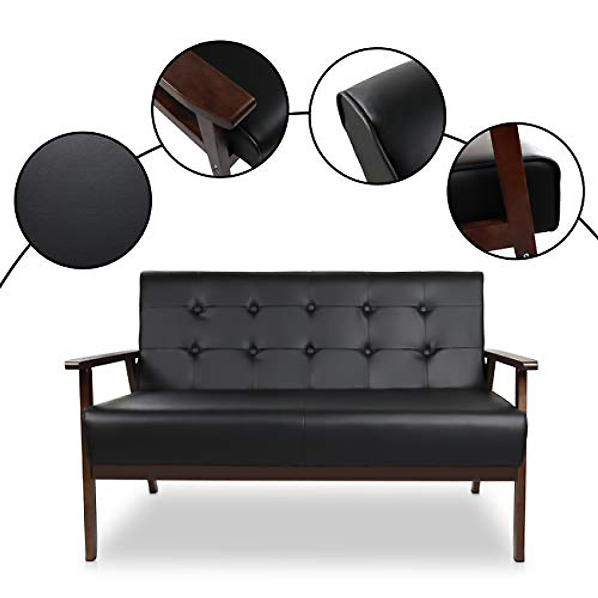 AODAILIHB Modern Wooden Leather 2-Seat Sofa, Sleek Minimalist Loveseat, Sturdy and Durable Loveseat Sofa Couch, Home Office Furniture (Black)