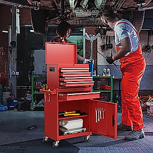 DORTALA 2 in 1 Tool Chest & Cabinet w/ 5 Sliding Drawers, Rolling Garage Box Organizer, Lockable Tool Box, Detachable Tool Organizer, Tool Cabinet Cart Workshop Trolley on Wheels, Red
