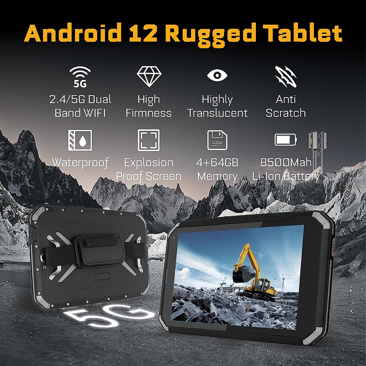8 inch Rugged Tablet for Android 12, Octa Core Industrial Tablet with Waterproof Drop Proof Enclosure, 4GB RAM 64GB ROM, 8500mAh Battery, 2.4/5G WiFi, GPS,5/13MP Dual Camera, HD Touchscreen(US)