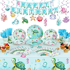 Libima 189 Pcs Sea Turtle Birthday Decorations Ocean Sea Party Tableware Turtle Plates Napkins with Sea Animal Cups Tablecloth Hanging Swirl for Under the Sea Baby Shower Turtle Pool Party Supplies