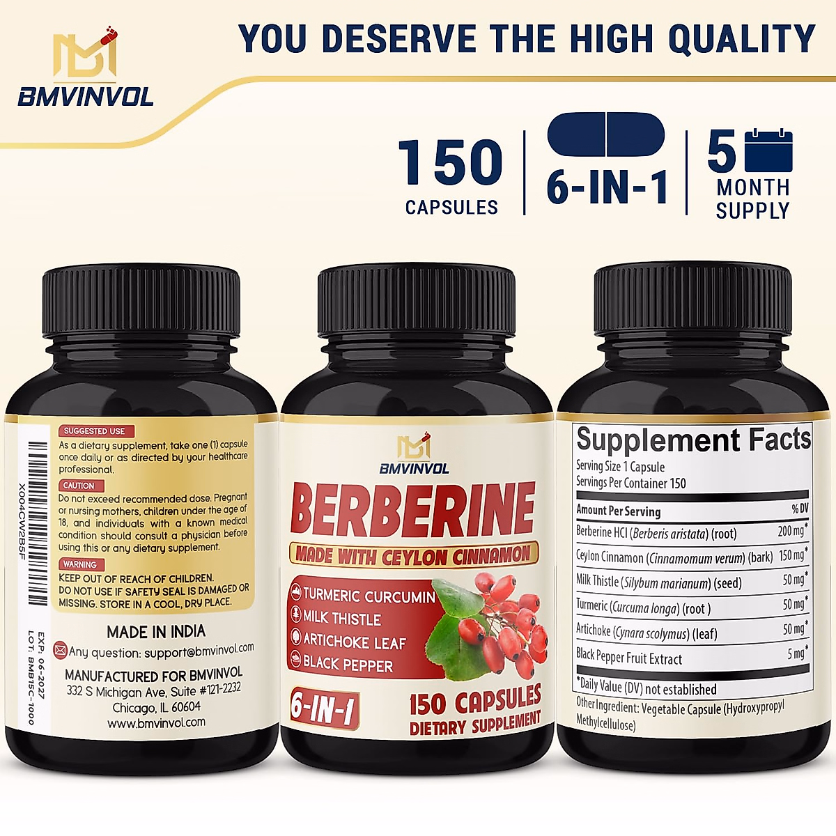 Berberine with Ceylon Cinnamon, Turmeric, Milk Thistle, Artichoke, Black Pepper - 150 Count - Pack of 1