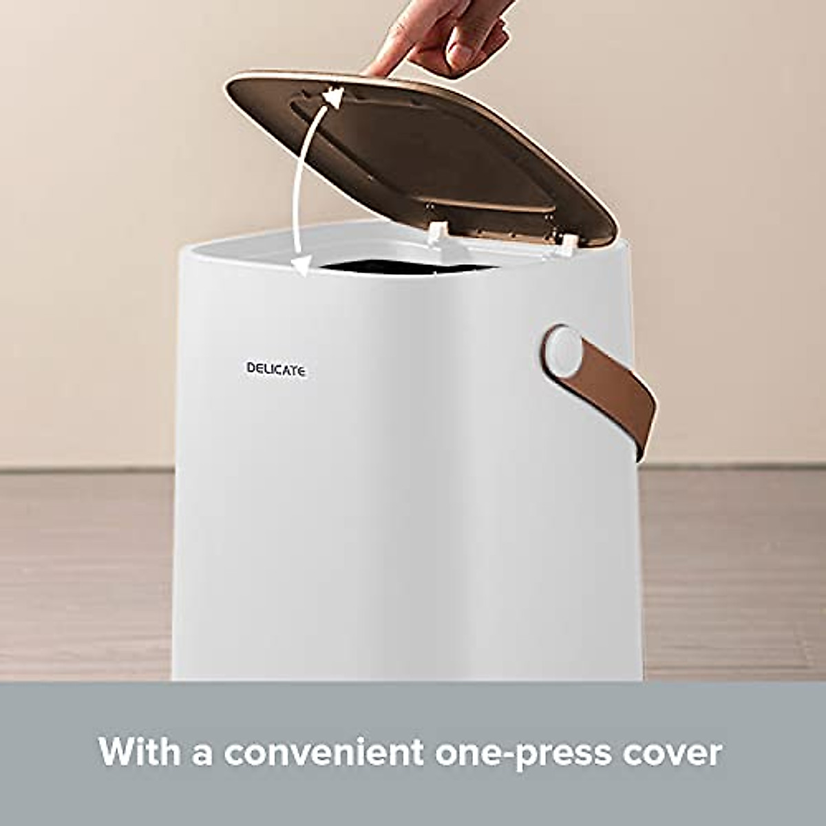 Nordic Style Garbage Can - Double Barrel Trash Can - Plastic Trash Can w/ One Press Lid - 10L/2.6Gal Waste Basket w/ Leather Handle - Modern Recycling Bins for Kitchen - Bathroom Trash Can in White & Wood