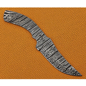 9.25 inches long trailing point blank blade skinning knife, hand forged Ladder Pattern Damascus steel blade, 4.5" scale with 3 Pin hole, 4.25" trailing point blade with 4" cutting edge