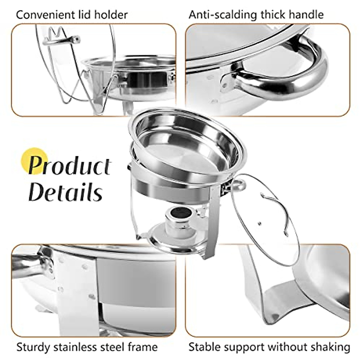 BriSunshine 4 Packs 3 QT Round Chafing Dish Buffet Set, Stainless Steel Chafing Dishes with Glass Lid & Holder, Food Warmer for Parties Weddings Banquets Events