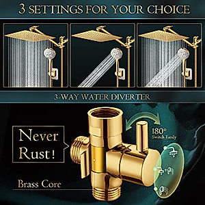 Shower Head,12'' Rain Shower Head with 11'' Adjustable Extension Arm and 5 Settings High Pressure Handheld Shower Head Combo,Powerful Shower Spray Against Low Pressure Water-Brushed Gold