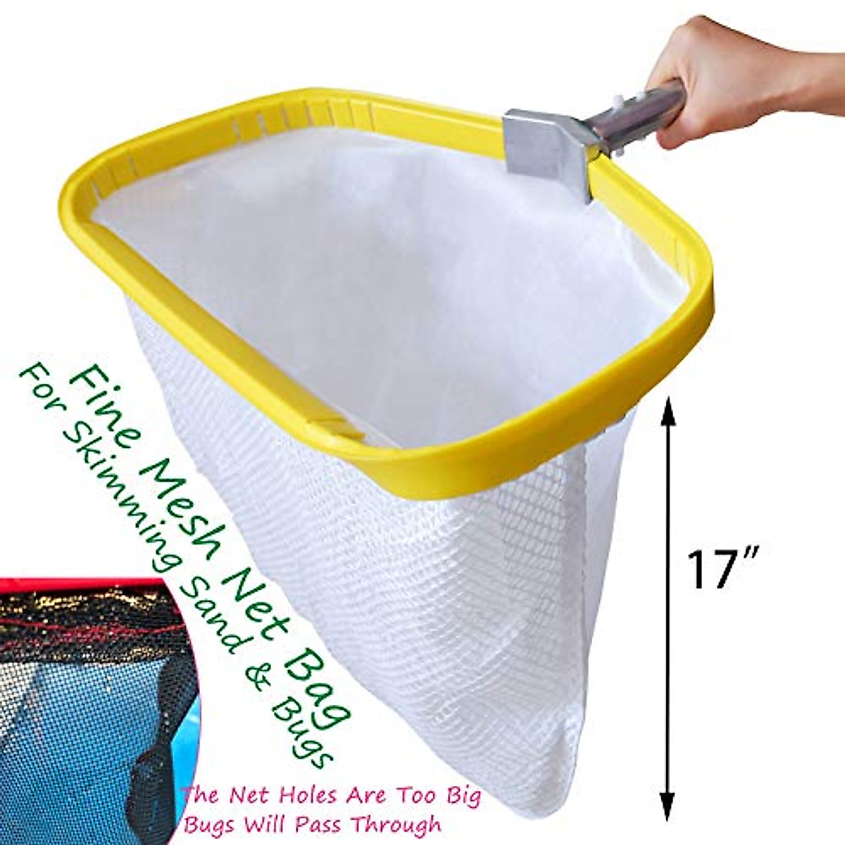 PetZon Professional Pool Net, Heavy Duty Skimmer Rake with Aluminum Frame, Fine Mesh Deep Bag Scoop for Cleaning Swimming Pool Leaf Pollen Silt, Pool Rake 19.5 inch