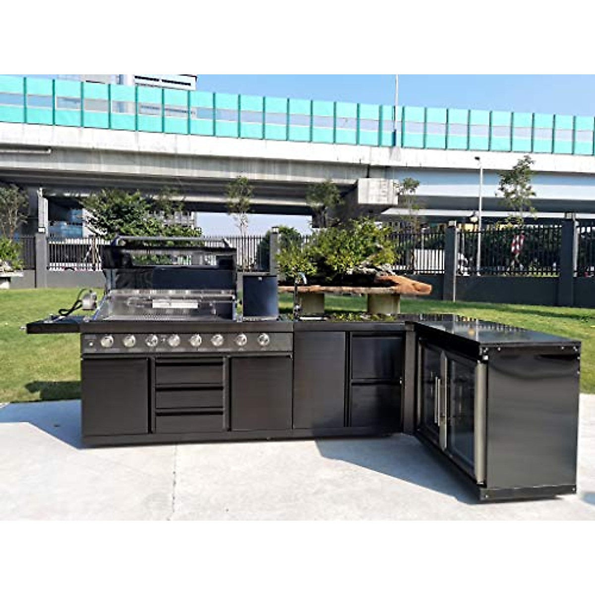 Modular 4 Piece Island Electric and Propane or Natural Gas BBQ Outdoor Black Stainless Steel Grill Kitchen with Double Wine Refrigerator, Sink, Rotisserie, Black Marble Top and FREE Protective Canvas Cover