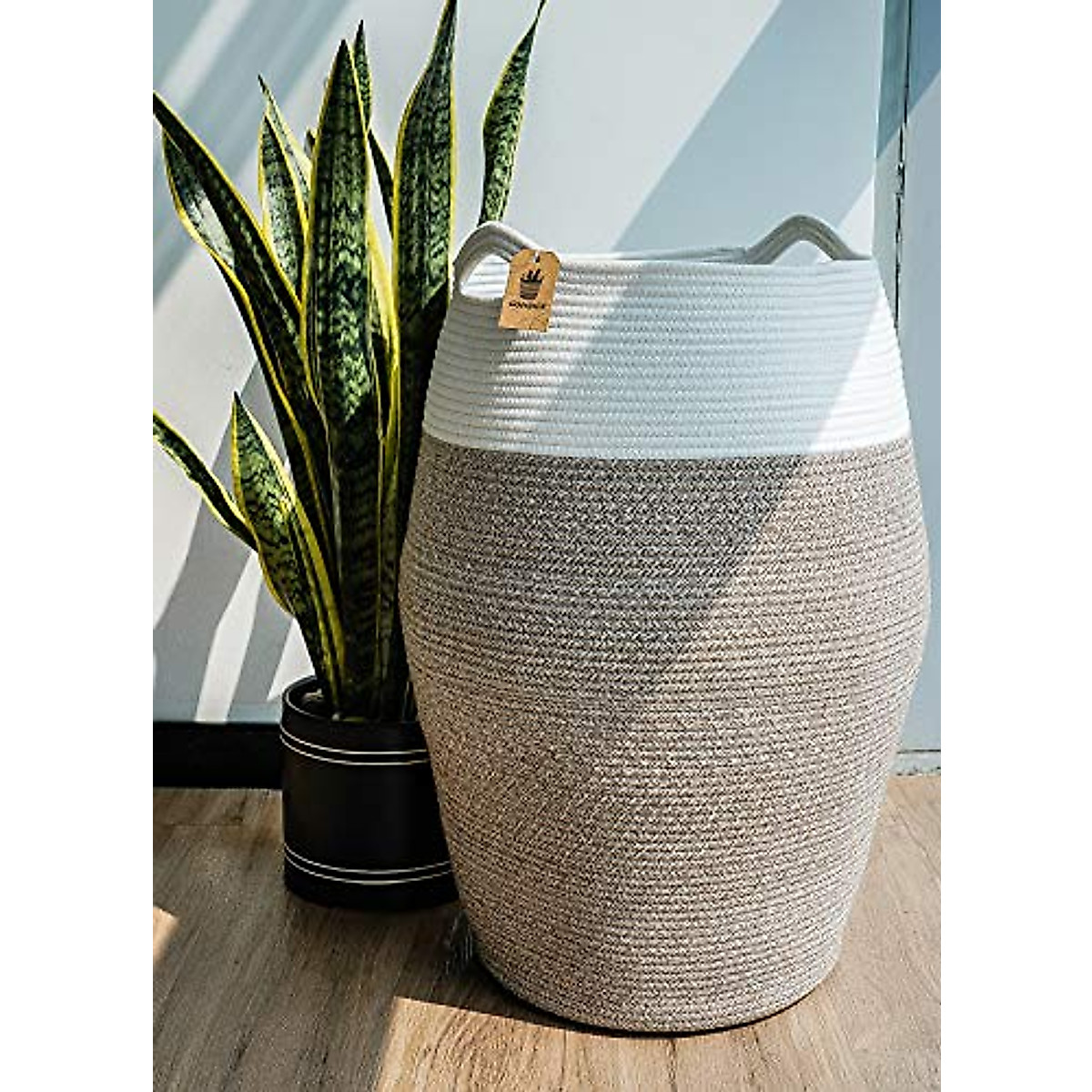 Goodpick Tall Laundry Hamper | Woven Jute Rope Dirty Clothes Hamper Modern Hamper Basket Large in Laundry Room, (White & Brown, 25.6 x 17.71 Inch)