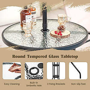 Giantex 4-Piece Outdoor Bar Set, Round High Top Bar Table with 2 Folding Counter Height Chairs & Umbrella, Patio Bistro Table Set with Tempered Glass Top for Garden Porch Poolside, Beige