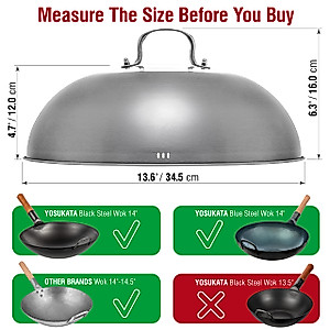 YOSUKATA Carbon Steel Wok Pan - 14 “ Woks and Stir Fry Pans With Wok Lid 13.6 Inch - Premium Stainless Wok Cover with Tempered Glass Insert Steam Holes +17’’ Wok Spatula and Ladle
