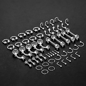 Oveta 55pcs Clear Piercing Retainers Flexible Bioflex 14G 16G 20G Navel Belly Button Ring Lip Labret Eyebrow Tongue Barbells Cartilage Tragus Earrings Retainer