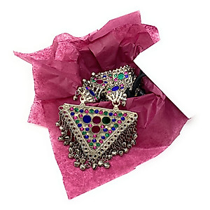 Duel On Jewel Afghan Tribal Womens Statement Kuchi Oxidized Metal Handmade Triangle Pendant Necklace in Multicolor - Bohemian Belly Dancing Dandiya Jewelry