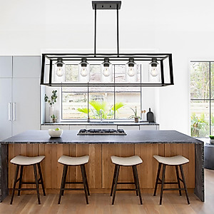 Wanluce Rectangular Chandelier for Dining Room 5 Light Matte Black Lights Fixtures with Glass Shade Farmhouse Linear Industrial Modern Hanging Lighting