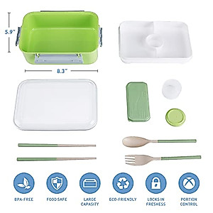 DANIA & DEAN Lunch Container Bento Box, Large 54-oz Salad Bowl, Leak-proof Stackable Tray with 2-oz Sauce Container to Go for Adult, Reusable Utensil Set Included, BPA-Free (Green)