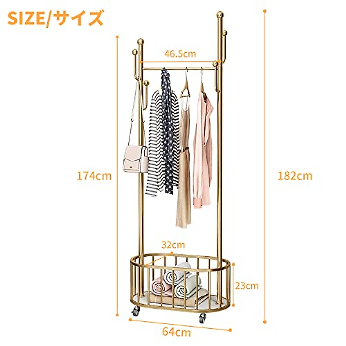 BOOSDEN Clothing Rack, Metal Clothes Hanger Rack with Wheels and Hooks, Portable Rolling Garment Rack for Hanging Clothes, Golden Yellow