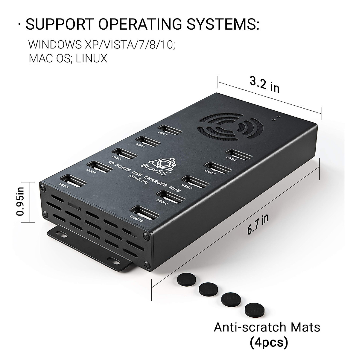 BrovSS: 10 Ports USB 2.0 Powered Hub - USB Extension Splitter with 12V 5A 60W Power Adapter. Plug and Play Installation. Connect up to 10 Electronics and USB peripherals (Black)