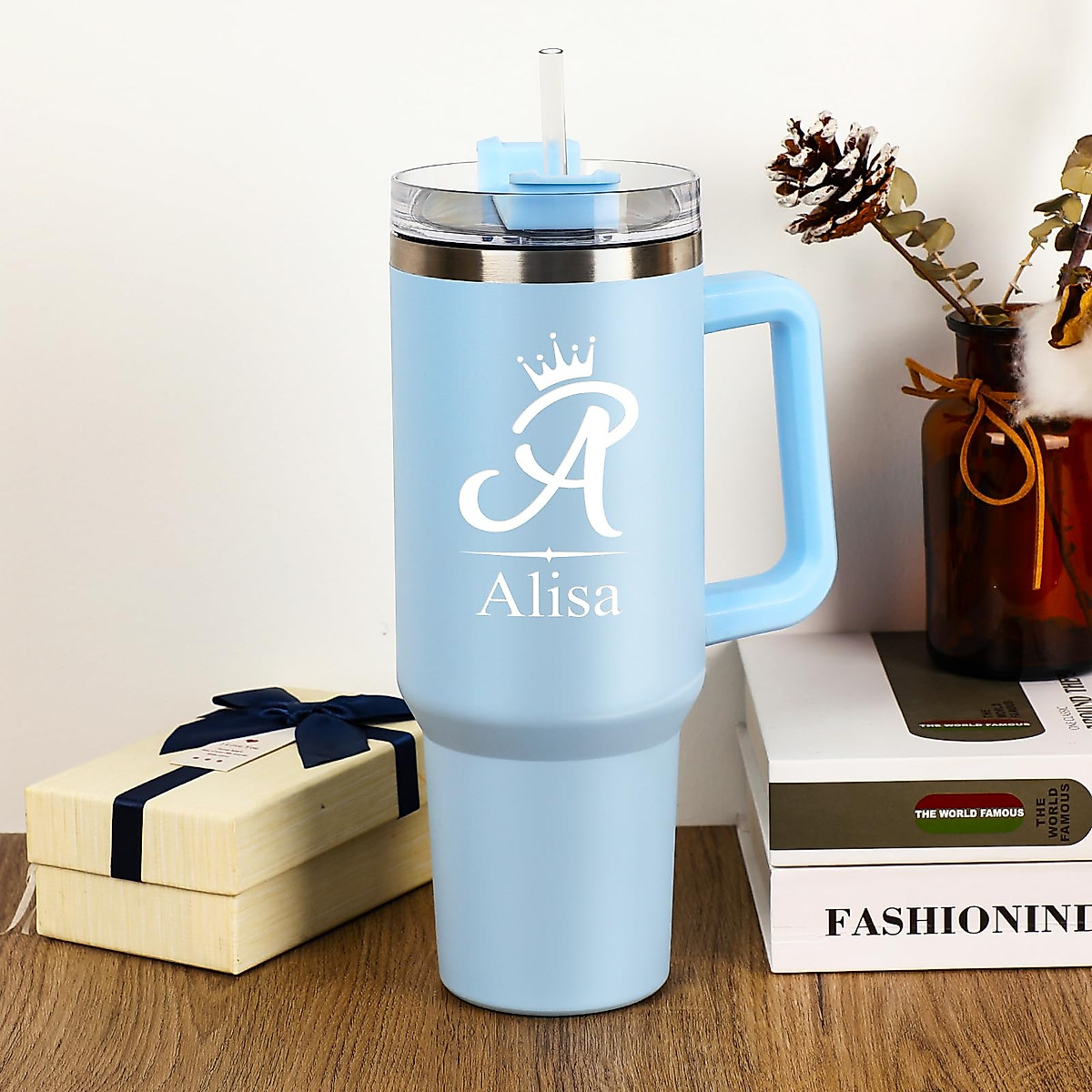 KrazeKK Personalized 40 Oz Monogrammed Initial Tumbler - Insulated Coffee Cup with Handle, Straw - Customized Reusable Water Bottle Travel Mug With Letter A-Z - Birthday Gifts for Women, Men, Friend