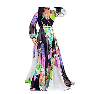 lvenzse Womens Chiffon Deep V Neck Printed Stylish Maxi Dress Dresses High Slim Waisted Belt Plus Size
