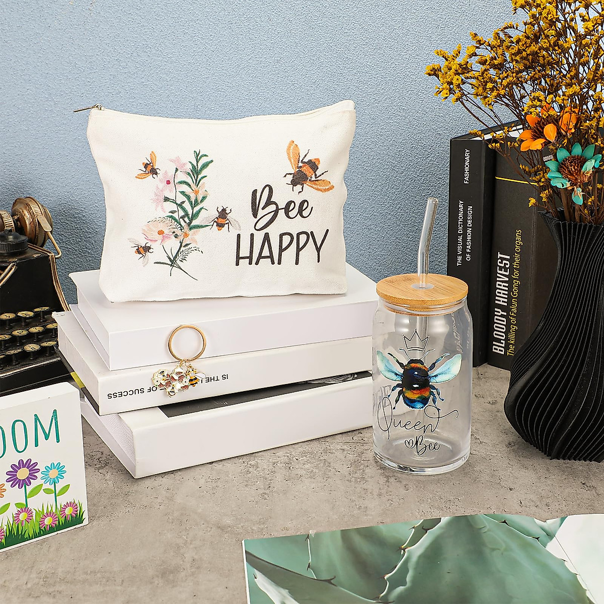 Hushee Set of 3 Bee Theme Gifts Honey Bee Cup Wine Glass with Lid Straw and Bee Makeup Bag and Bee Keychain for Thanksgiving Christmas Gifts for Women Teachers Employee Bee Lovers