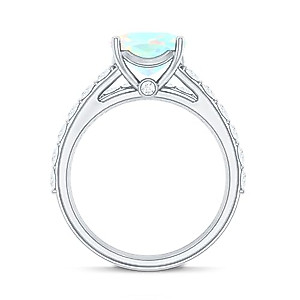 Certified Opal Wedding Ring Set, AAA Quality, Natural 8mm Cushion Cut Opal Engagement Ring with Moissanite Enhancer, 14K White Gold, Size:US 10.00
