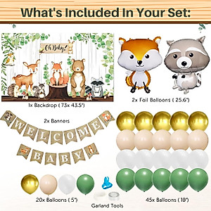 MEGA 257 Pc Woodland Baby Shower Decorations Boy & Girl Kit, Forest Animal Theme, Gender Neutral Baby Shower Decor, BABY boxes, Backdrop, Banner, Balloon Garland, Tablecloth, Plates Cups -20 Guests