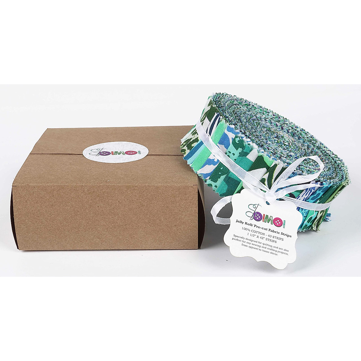 Soimoi 40Pcs Animals Print Precut Fabrics Strips Roll Up 1.5x42inches Cotton Jelly Rolls for Quilting - Teal Green