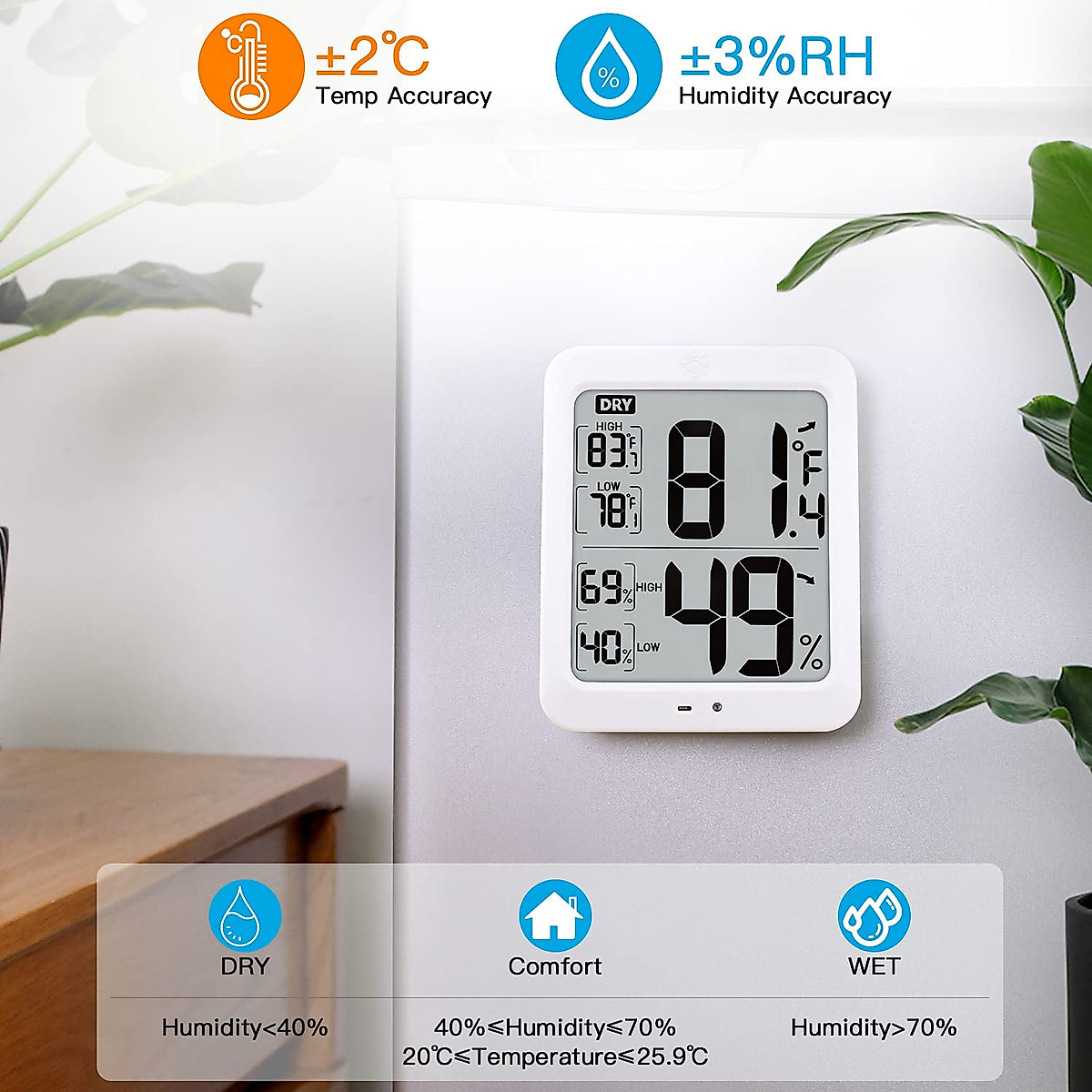 TXL Large Digital Hygrometer Indoor Thermometer with Humidity Gauge, Smart Room Temperature Humidity Sensor Monitor with Touch LCD Backlight for Home Office Warehouse Greenhouse Garden Wine Cellar
