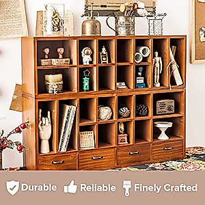 Wood Cabinet Floating Shelves (Set of 2) - Includes 1 Cubby Shelf w/ 12 Slots & 4 Drawers and 1 Wide Wooden Shelf - Stackable Farmhouse Decor Walnut Wood Cabinet - Total of 26 Compartments