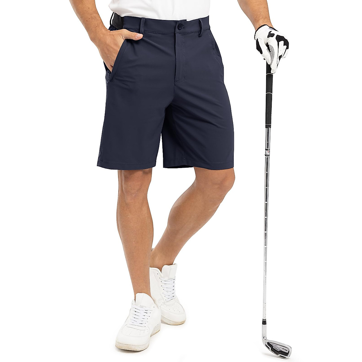 TBMPOY Men's Golf Shorts 9" Lightweight Stretch Quick Dry Dress Work Casual Flat Front Shorts with 3 Zipper Pockets Navy 34