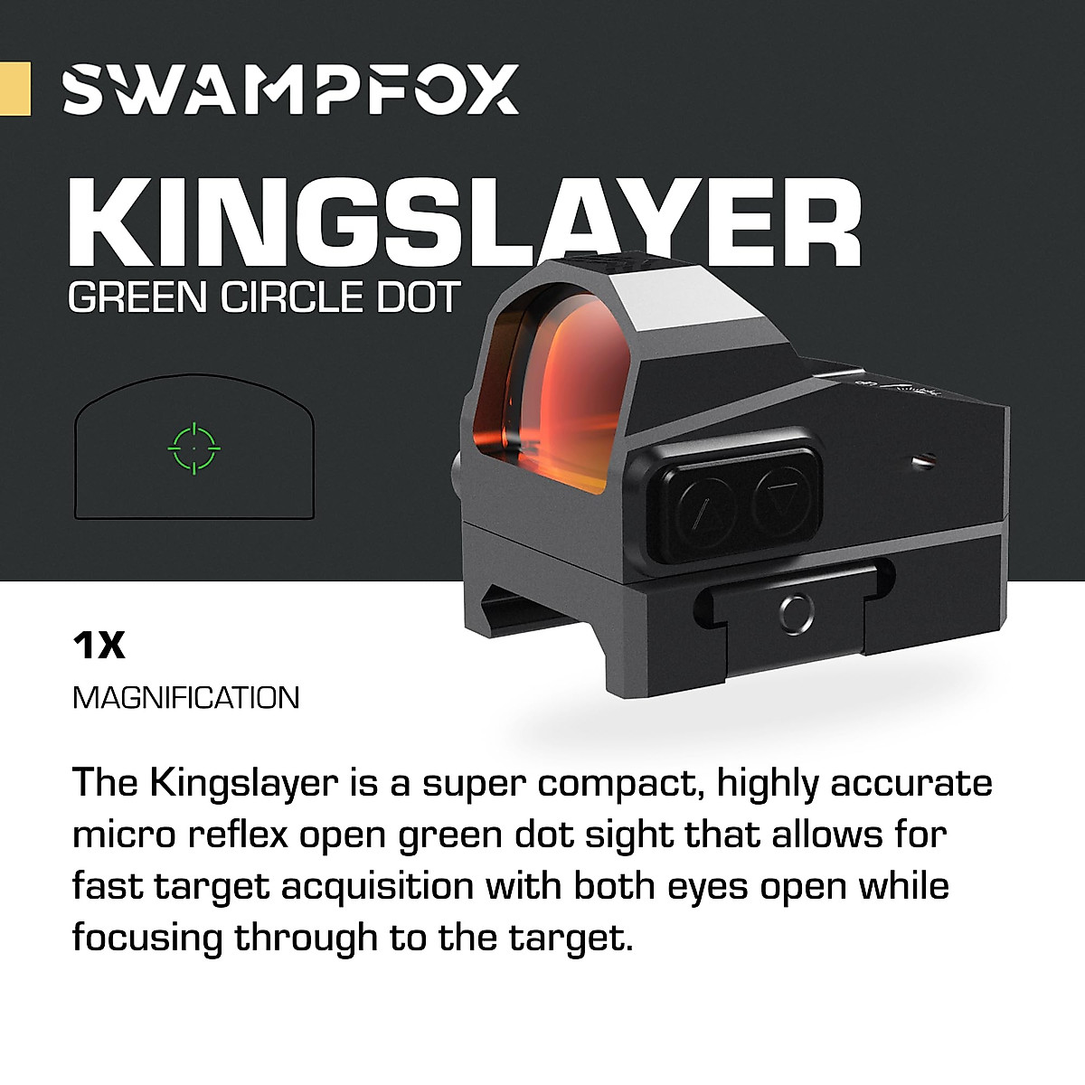 Swampfox Kingslayer RMR Footprint 1x22 Pistol Dot Sight, Green Circle Dot