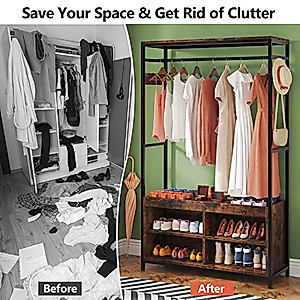 Tribesigns Freestanding Closet Organizer, Wooden Garment Rack for Hanging Clothes, Heavy Duty Wardrobe Rack with Storage, Industrial Clothing Racks with 6-Grid Organizer Box,Rustic Brown