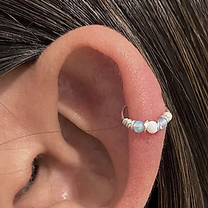Handmade Silver Single 10MM Cartilgae Helix Piercing Hoop Earring with Trio Blue&White Opal, 925 Sterling Silver Very Small 10MM Thin 22 Gauge Hoop for women, By Miya Jewelry