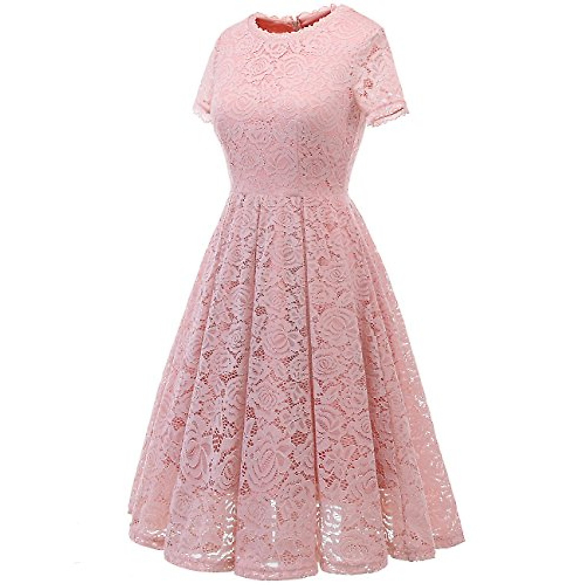DRESSTELLS Elegant Wedding Guest Dress, Tea Length Mother of The Bride Dresses, Lace Bridesmaid Dress, Semi Formal Cocktail Dresses, Vintage Evening Party Formal Dress with Sleeves Blush XL