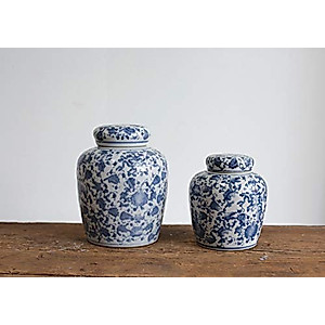 Creative Co-Op Blue & White Ceramic Ginger Jar with Lid