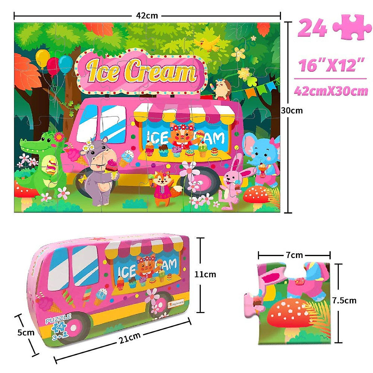Puzzles for Kids Ages 3-5 24 Pieces Large Ice Cream Truck Kids Jigsaw Puzzles, Professional Preschool Toy Puzzles for Toddlers Boys and Girls –16''x12'' with Storage Box