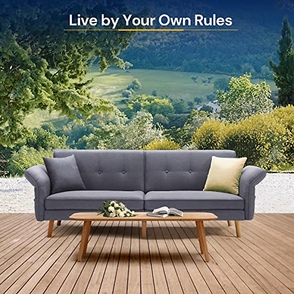 DENOSEN First-Class Cabin Futon Couch Bed with Convertible Back and Armrests, Includes 2 Free Pillows and Supports Up to 600lbs: Modern 3 Seater Sleeper with Wooden Leg Sofabed, Grey