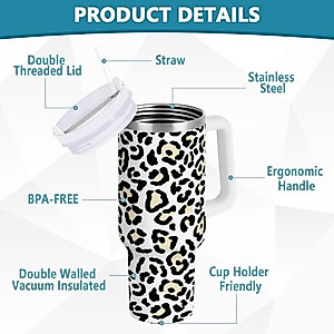ODAWA Stainless Steel Tumblers Large with Straw and Handle, Black White Leopard Print Travel Insulated Tumblers